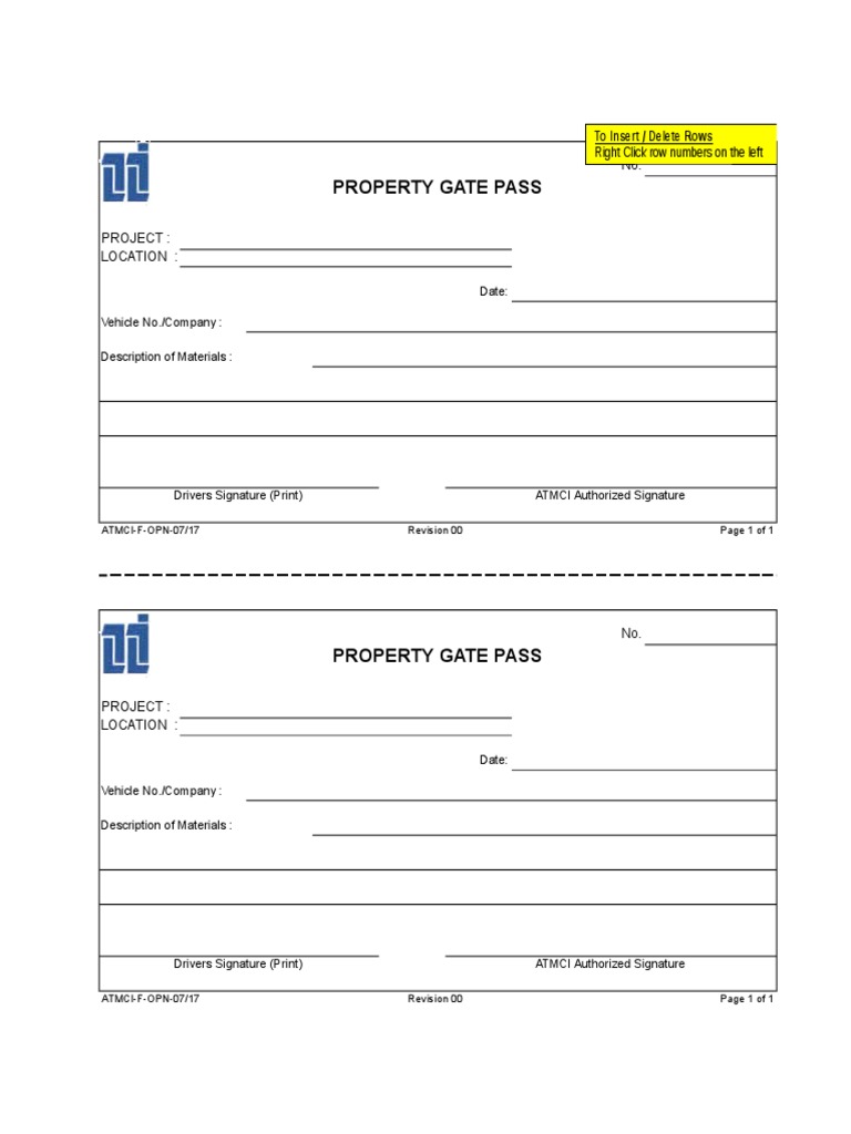 F-OPN-07-17 Property Gate Pass (Rev. 00) | PDF