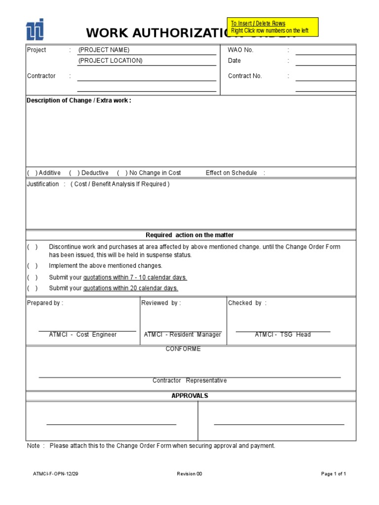 F-OPN-12-29 Work Authorization Order Form (Rev. 00) | Download Free PDF ...