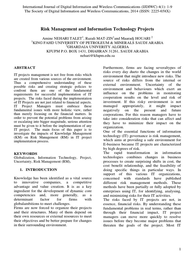 Risk Management and Information Technology Projects PDF | PDF | Risk ...