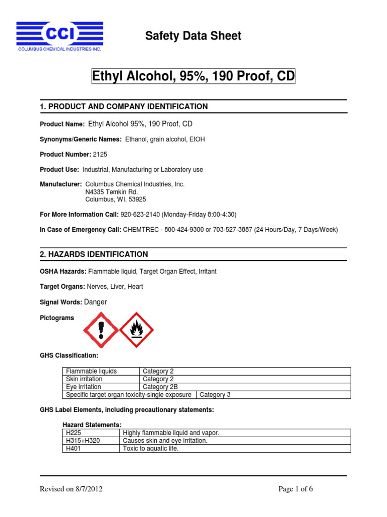 Ethyl Alcohol Safety Data Sheet | PDF | Ethanol | Water