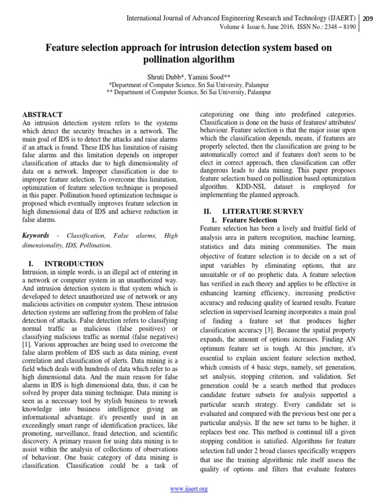 Feature Selection Approach For Intrusion Detection System Based On Pollination Algorithm Pdf