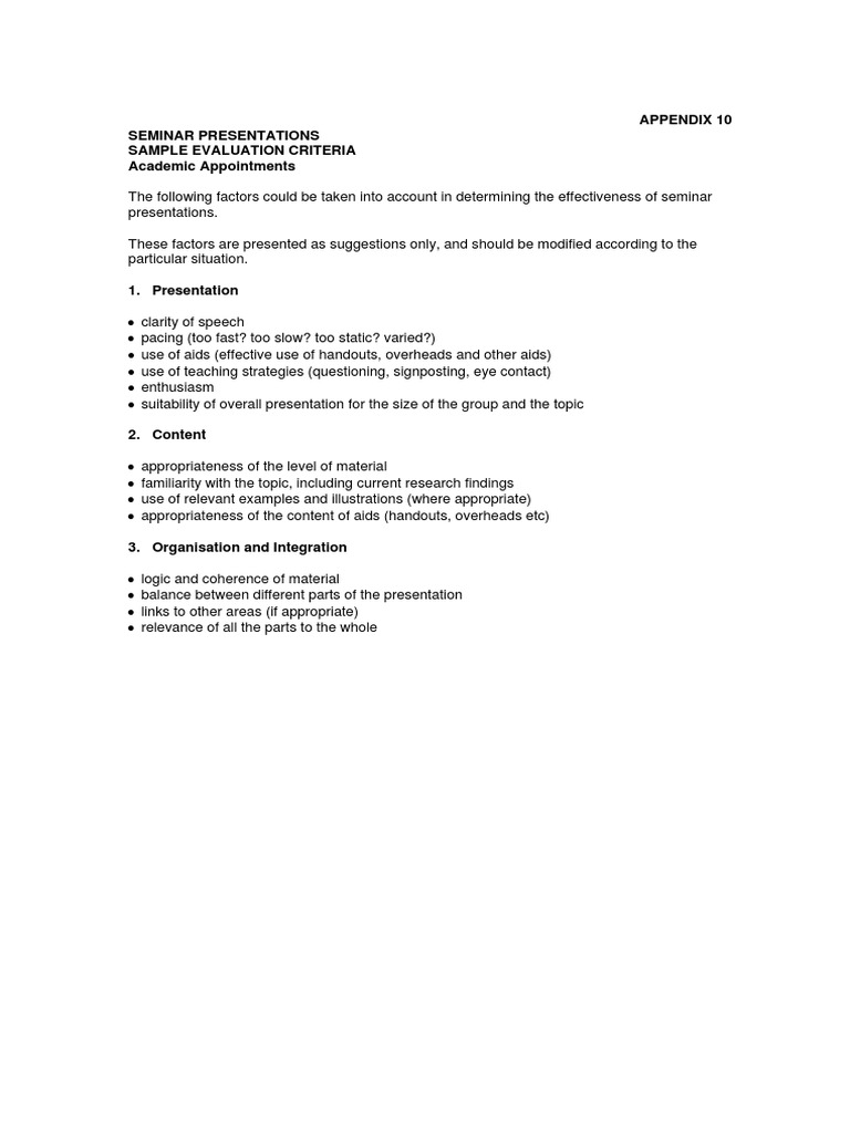 Seminar Presentation Sample Evaluation Criteria For Academic Staff ...