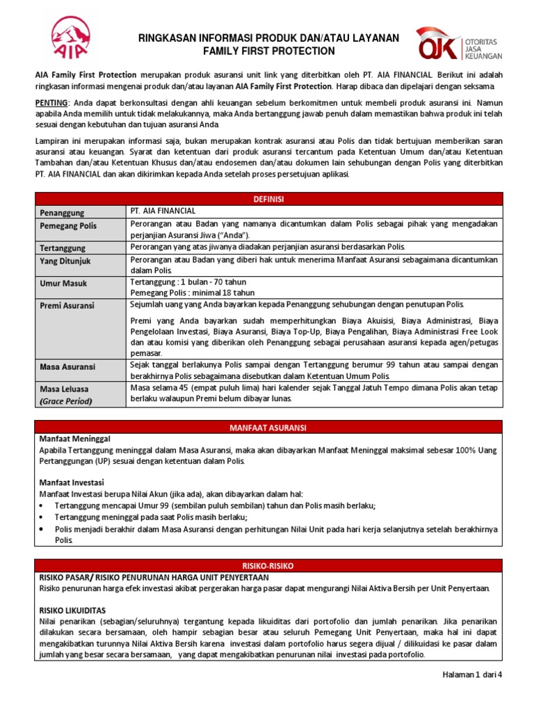 Informasi AIA Family First Protection | PDF | Pengelolaan Keuangan ...