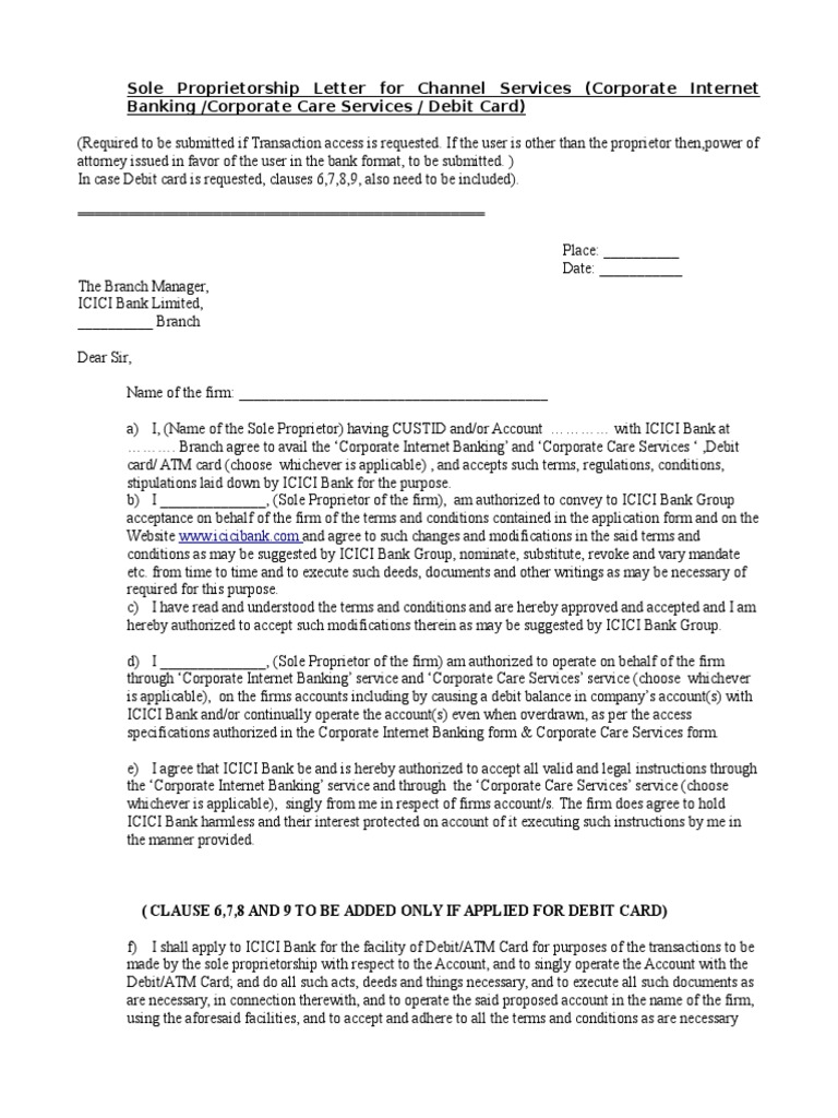 Sole Prop Letter | Debit Card | Automated Teller Machine