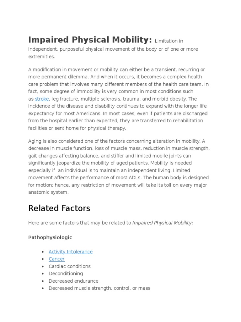 Impaired Physical Mobility Overview | PDF | Balance (Ability ...