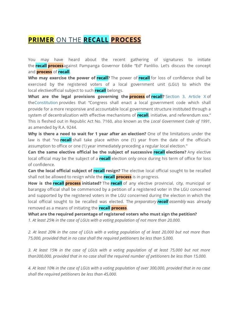 Primer On Recall Process | PDF | Initiative | Group Decision Making