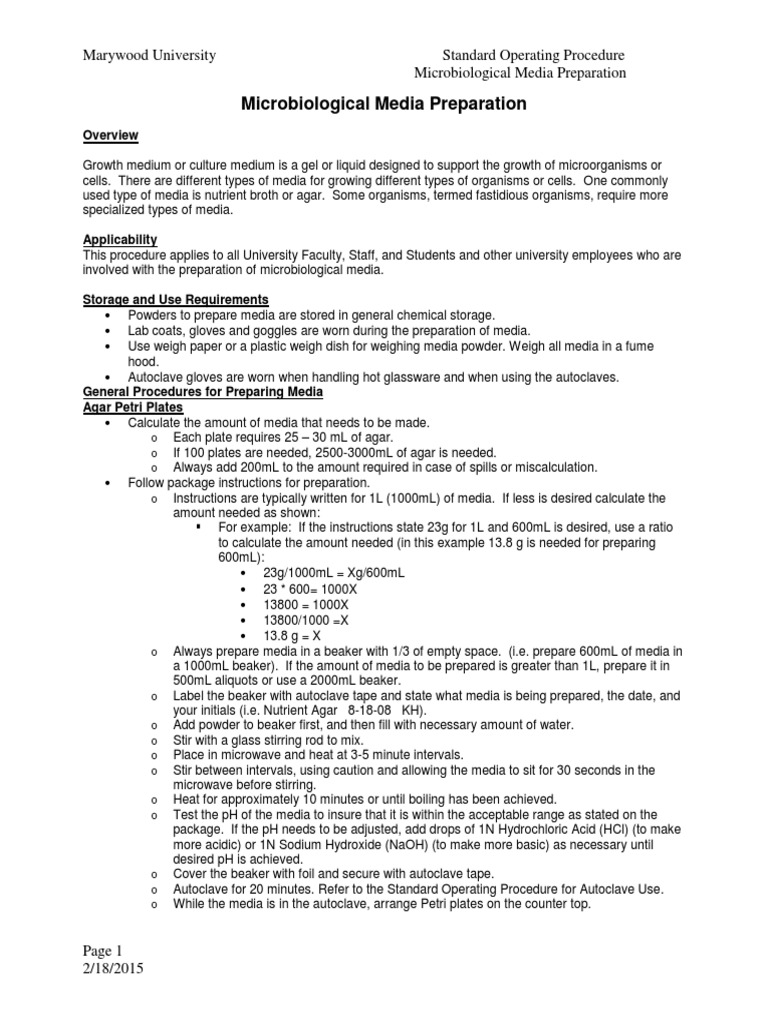 Microbiological Media Preparation SOP | PDF | Growth Medium | Agar