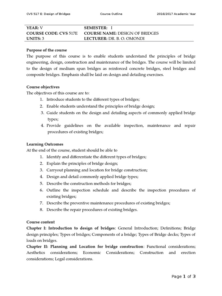 Bridge Design Course Outline 2016/2017 | PDF | Bridge | Design