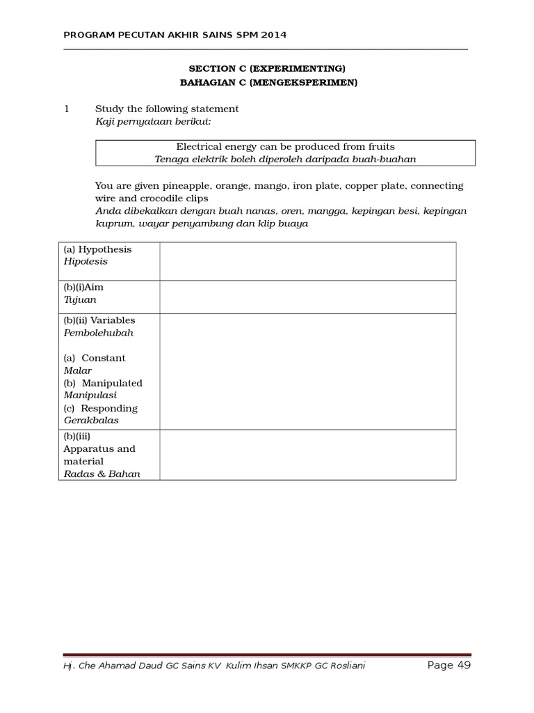 SPM Science 2014 Experiment Guide | PDF