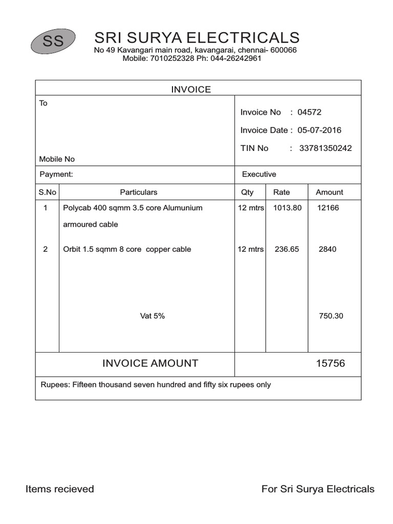 Sri Surya Electricals SS: Invoice | PDF