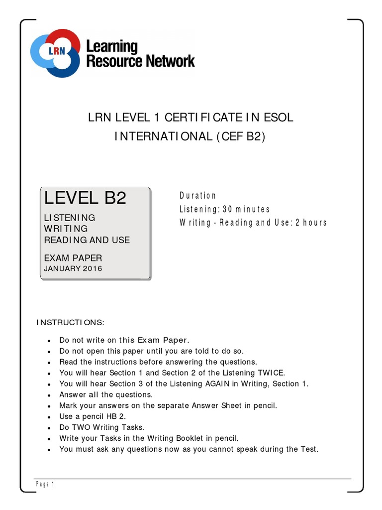 LRN Level B2 January 2016 Exam Paper | Movie Theater | Public Transport