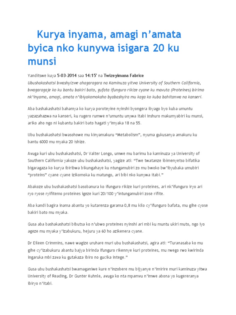 Kurya Inyama, Amagi N'amata Byica Nko Kunywa Isigara 20 Ku Munsi | PDF
