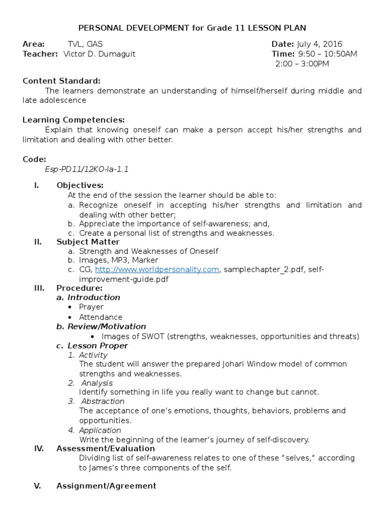 Perdev 1st Week | PDF | Emotions | Lesson Plan