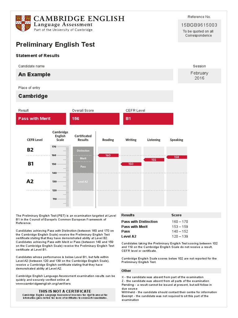 Cambridge English Preliminary Sample Statement of Results Scale | PDF