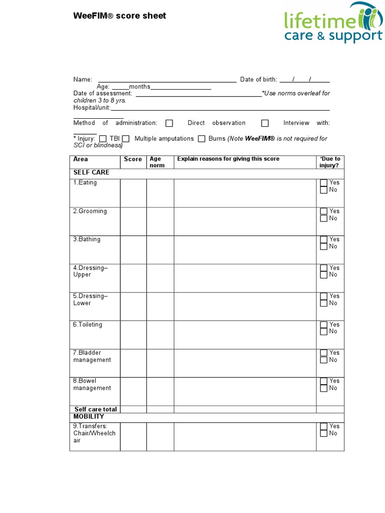 WeeFIM Score Sheet (MS Word) | Wheelchair | Clinical Medicine
