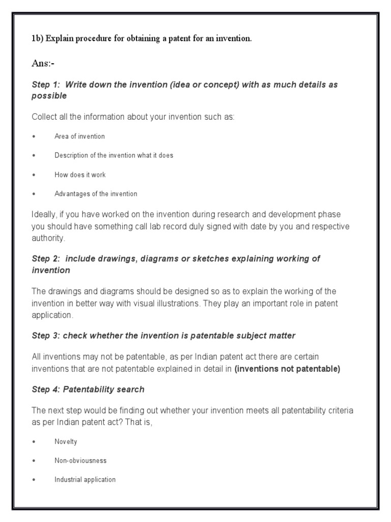 1b) Explain Procedure For Obtaining A Patent For An Invention | PDF ...