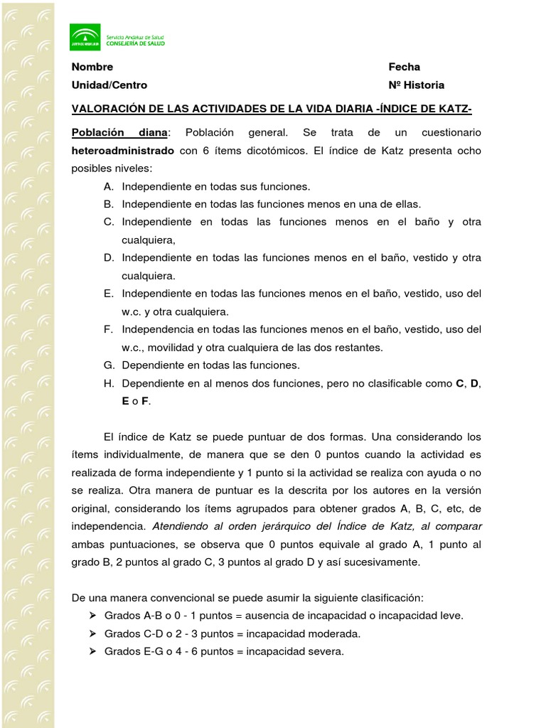 Escala de Katz PDF | PDF | Estilo de vida