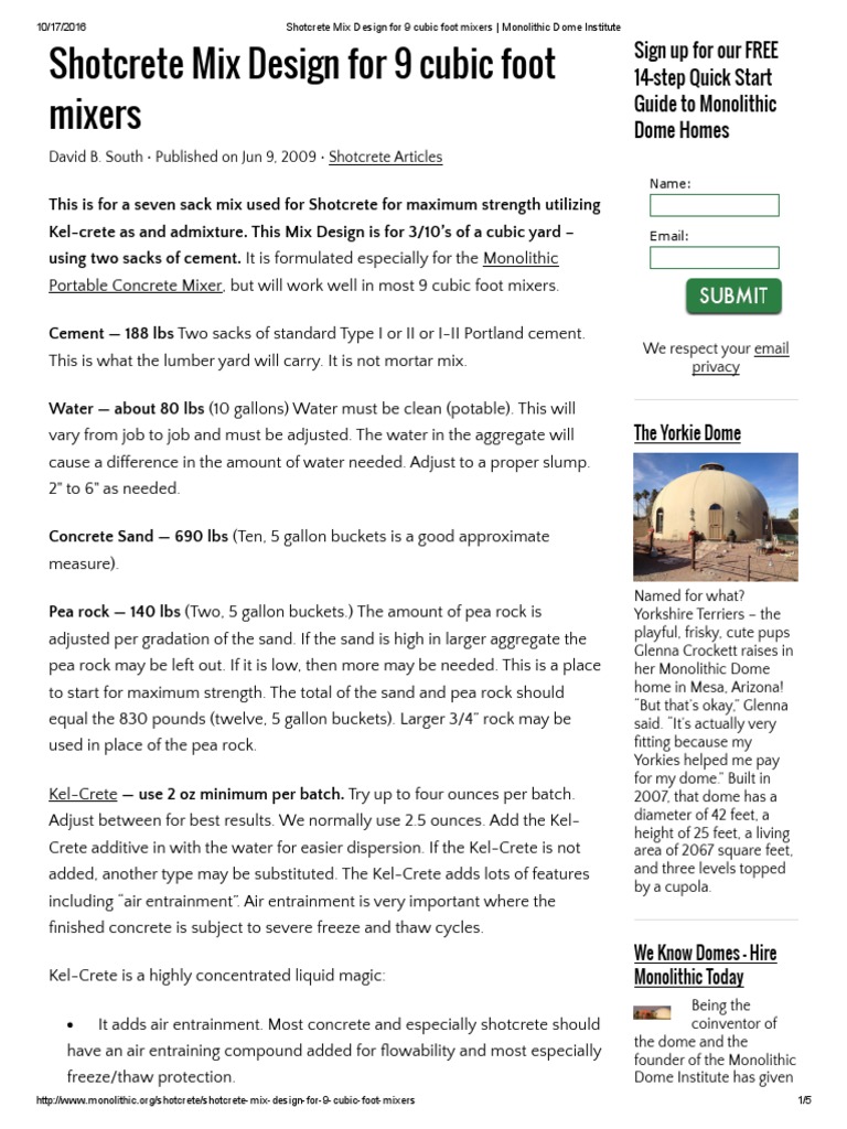 Shotcrete Mix Design for 9 Cubic Foot Mixers _ Monolithic Dome ...