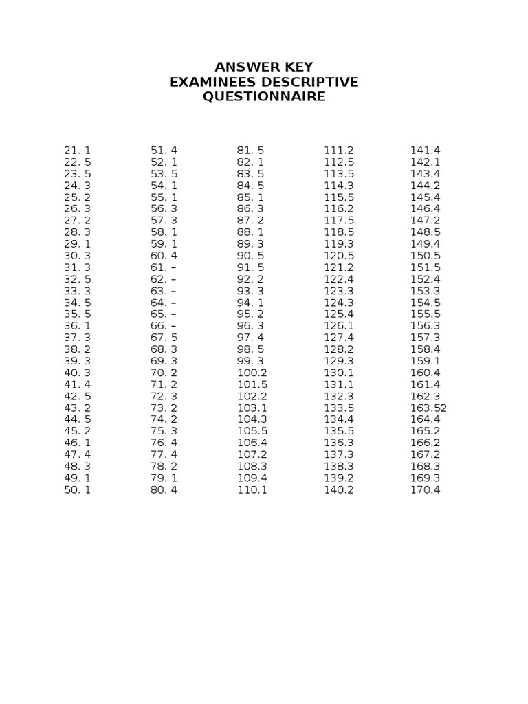 Answer Key Examinees Descriptive Questionnaire | PDF