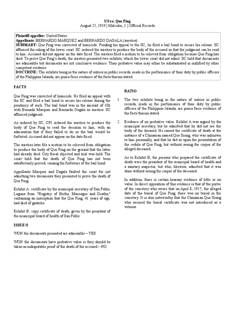 US vs. Que Ping | PDF | Evidence (Law) | Bail