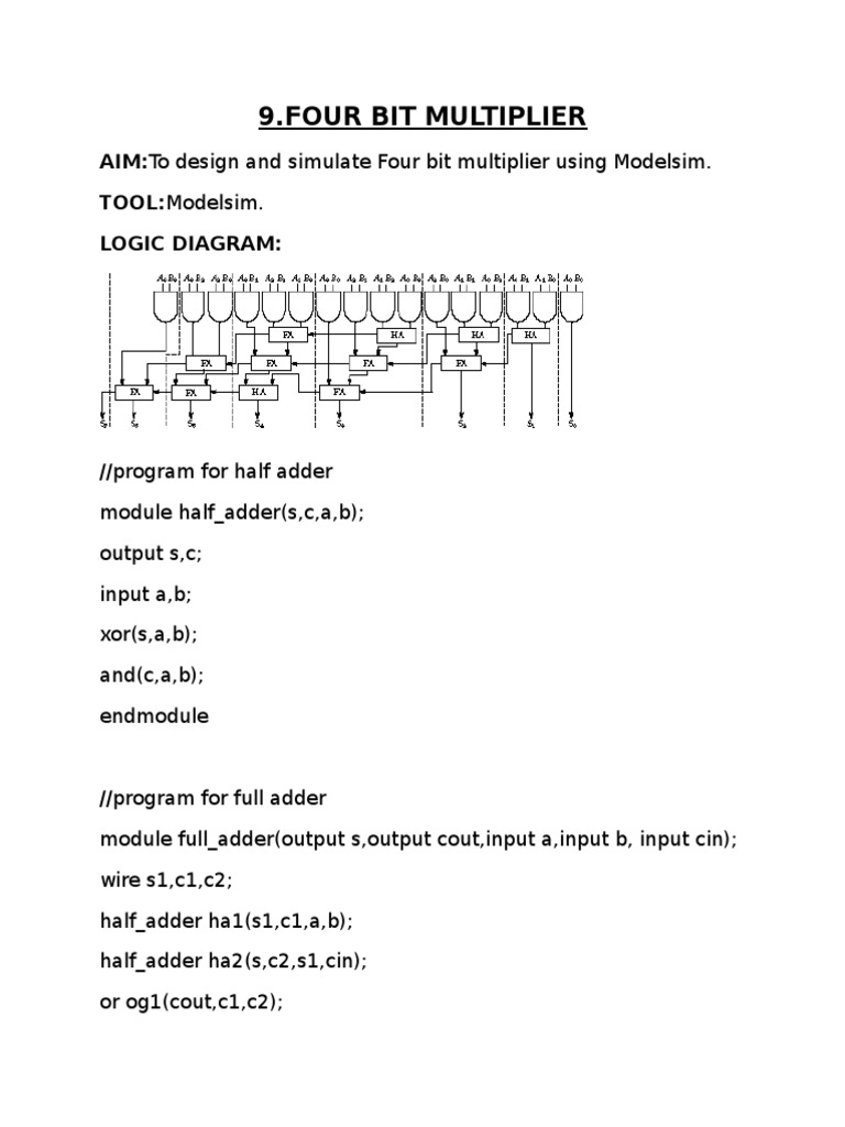 9.four Bit Multiplier: AIM:To Design and Simulate Four Bit Multiplier ... 9.four Bit Multiplier: AIM:To Design and Simulate Four Bit Multiplier ...