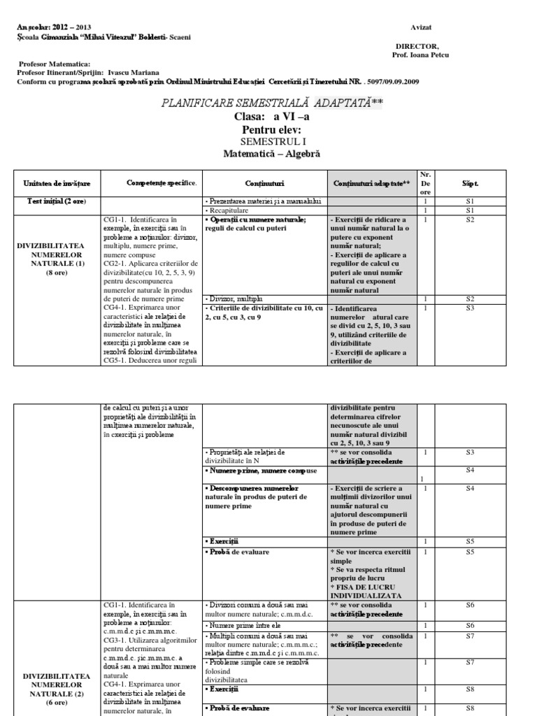 Planificare Adaptata Matematica Cls A VI A PDF | PDF