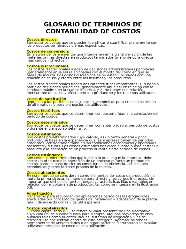Glosario de Terminos de Contabilidad de Costos | Descargar gratis PDF ...