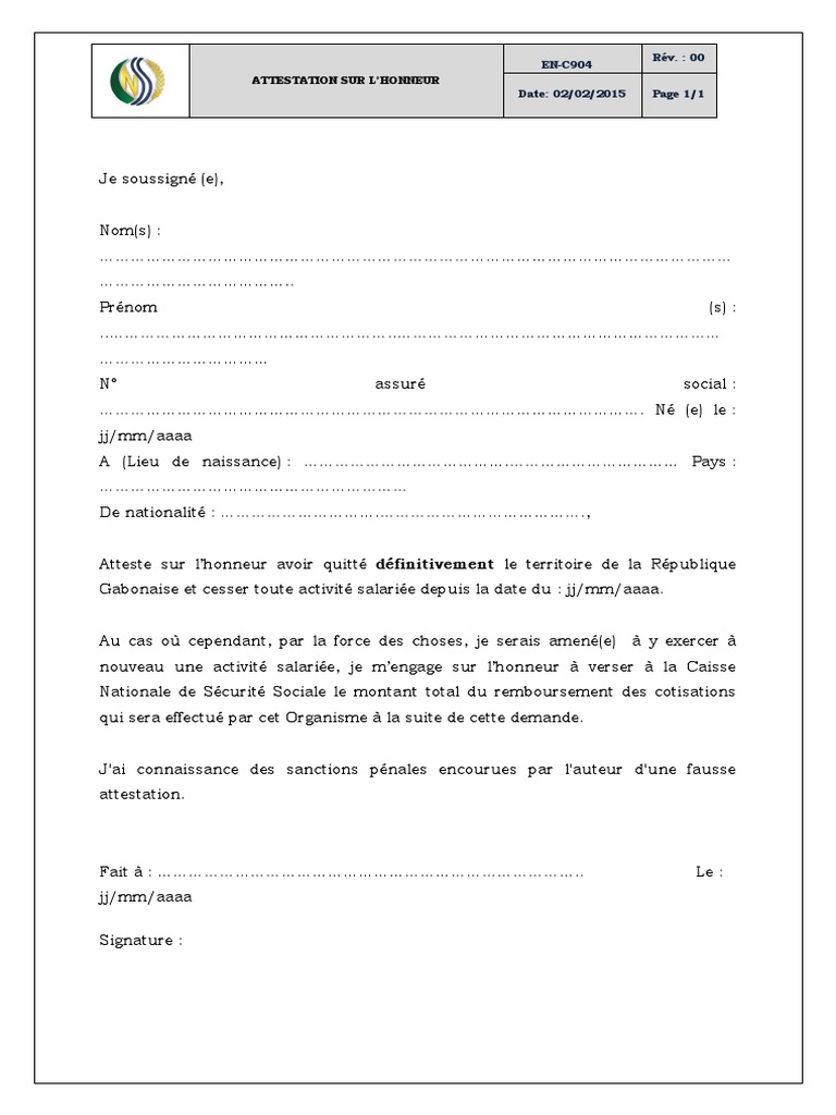 Attestation Sur L Honneur