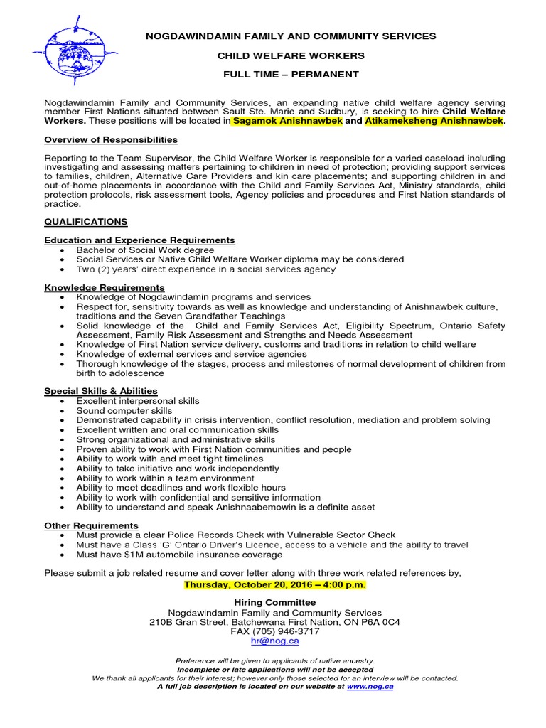 Child Welfare Worker Jobs at Nogdawindamin | PDF | Child Protection ...