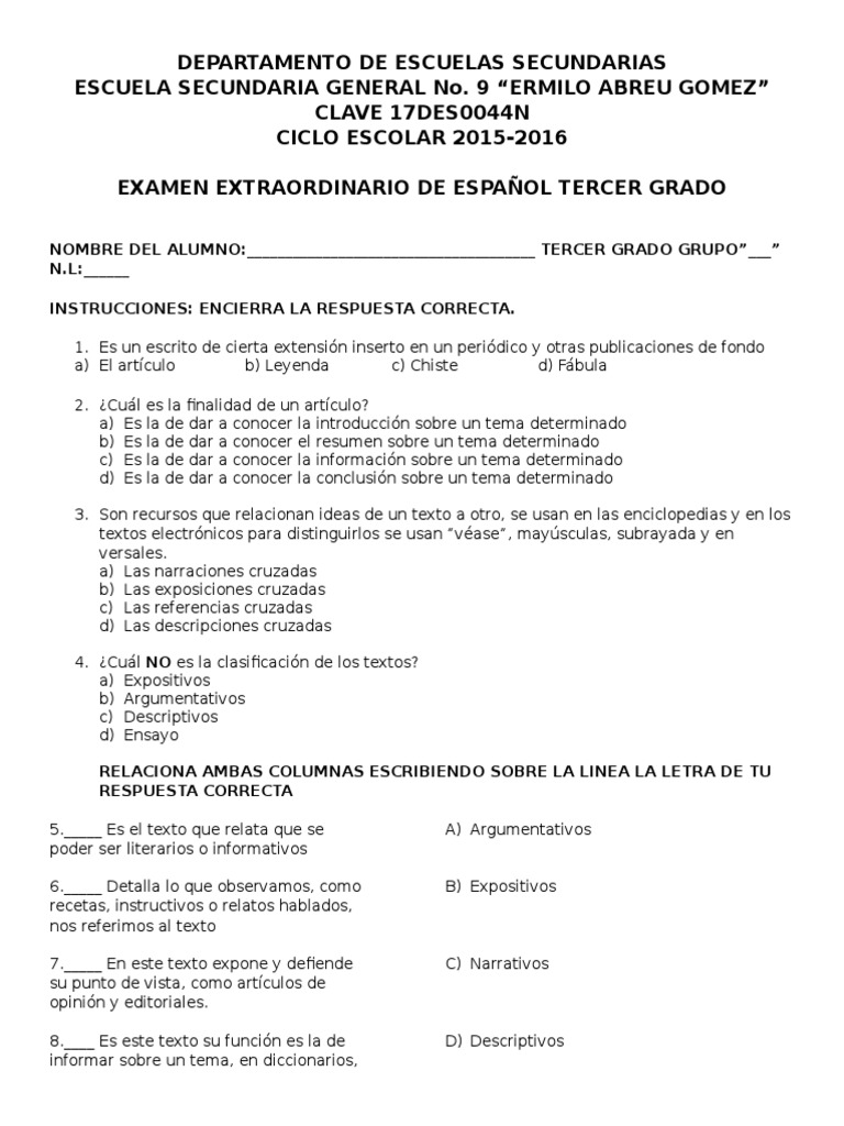Examen Español Tercer Grado Extraordinario | PDF | Cuentos | Ensayos