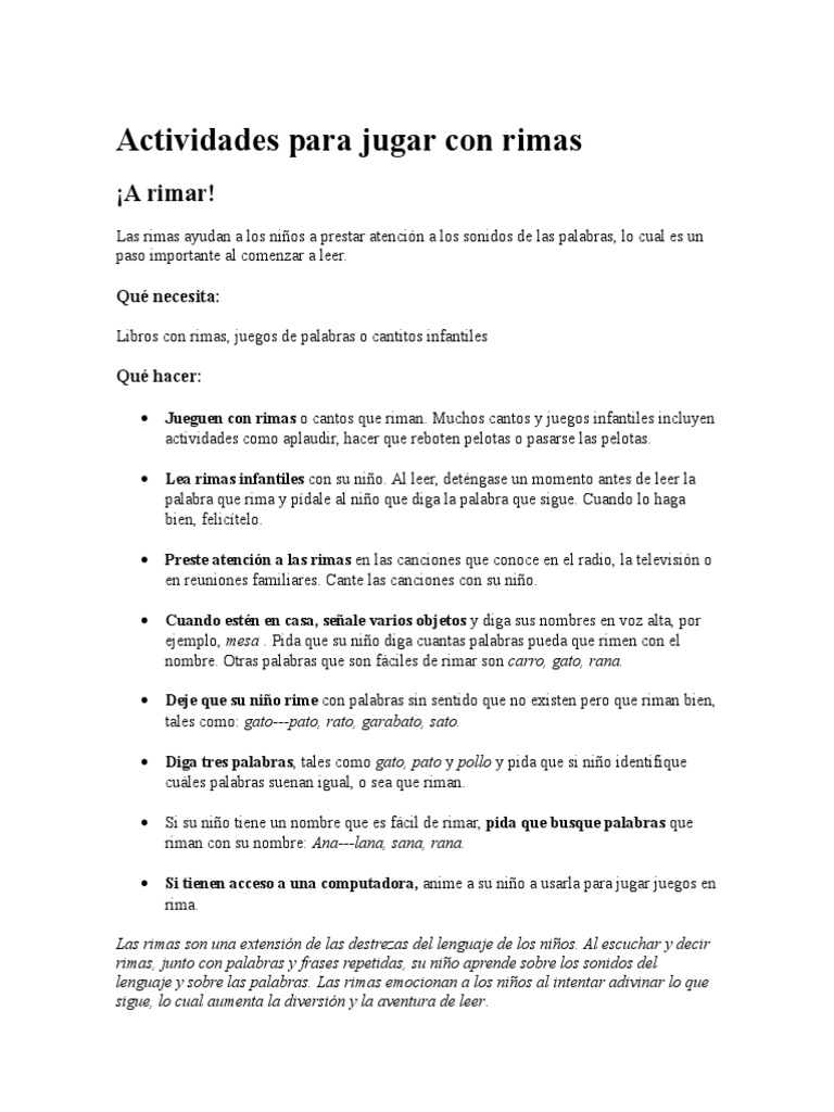 Actividades para Jugar Con Rimas | PDF