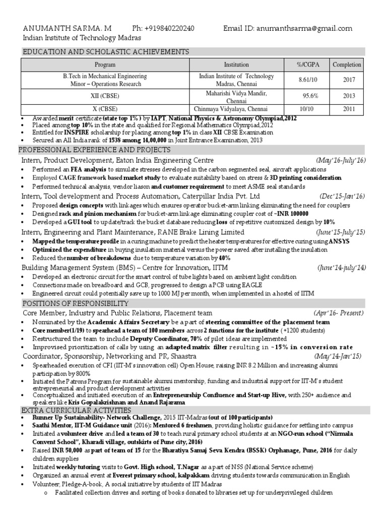 Anumanth Sarma Resume IIT-M AIM | PDF | Engineering | Science And ...