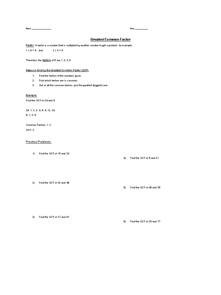 GCF Worksheet | PDF
