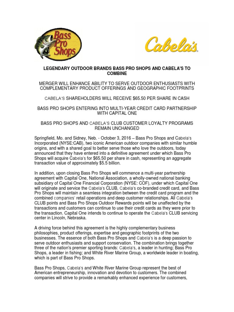 Initial Press Release On Cabela's, Bass Pro Shops Merger | PDF | Form ...