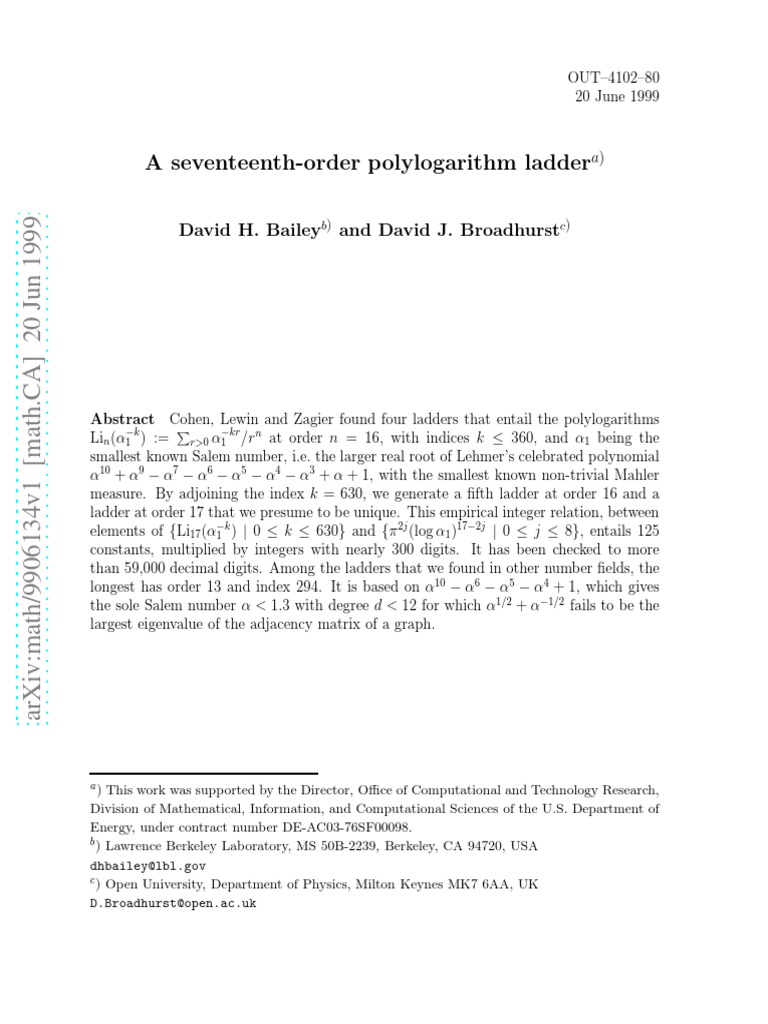 A Seventeenth-Order Polylogarithm Laddera | PDF | Logarithm | Eigenvalues And Eigenvectors