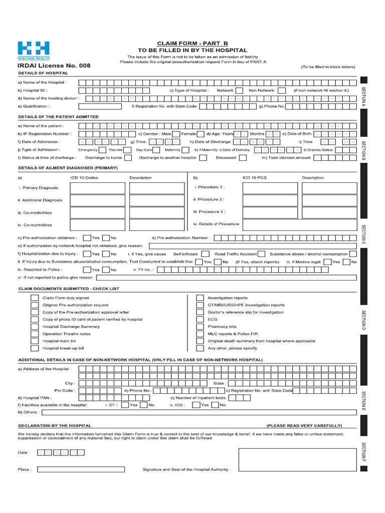 IRDA Reimbursement Claim Form - Hospital Cashless | PDF