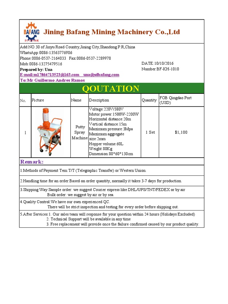 Qoutation For Putty Spraying Machine PDF | PDF | Technology & Engineering