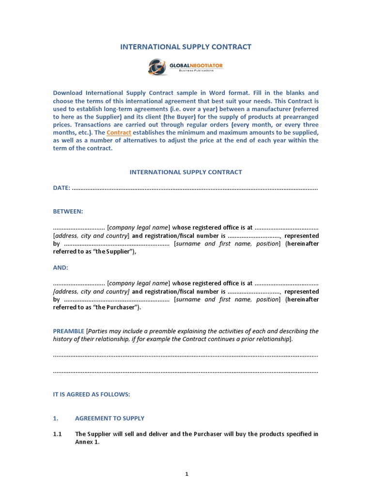 International Supply Contract Template Sample | PDF | Arbitration | Law ...