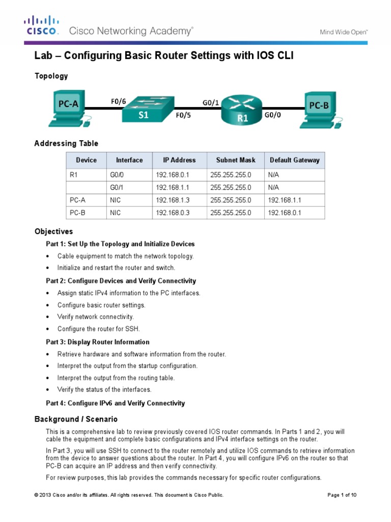 4.1.4.6 Lab - Configuring Basic Router Settings With IOS CLI | PDF | I Pv6 | Router (Computing)
