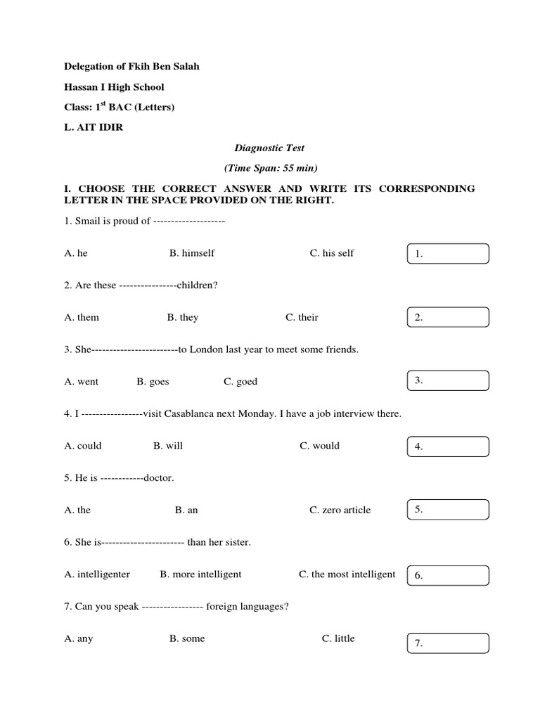 Diagnostic Test 1st Bac Pdf