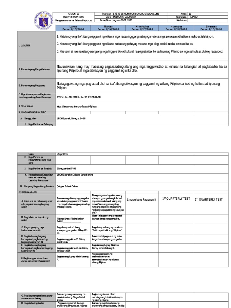 Agust 8-12 FILIPINO DLL Format New | PDF