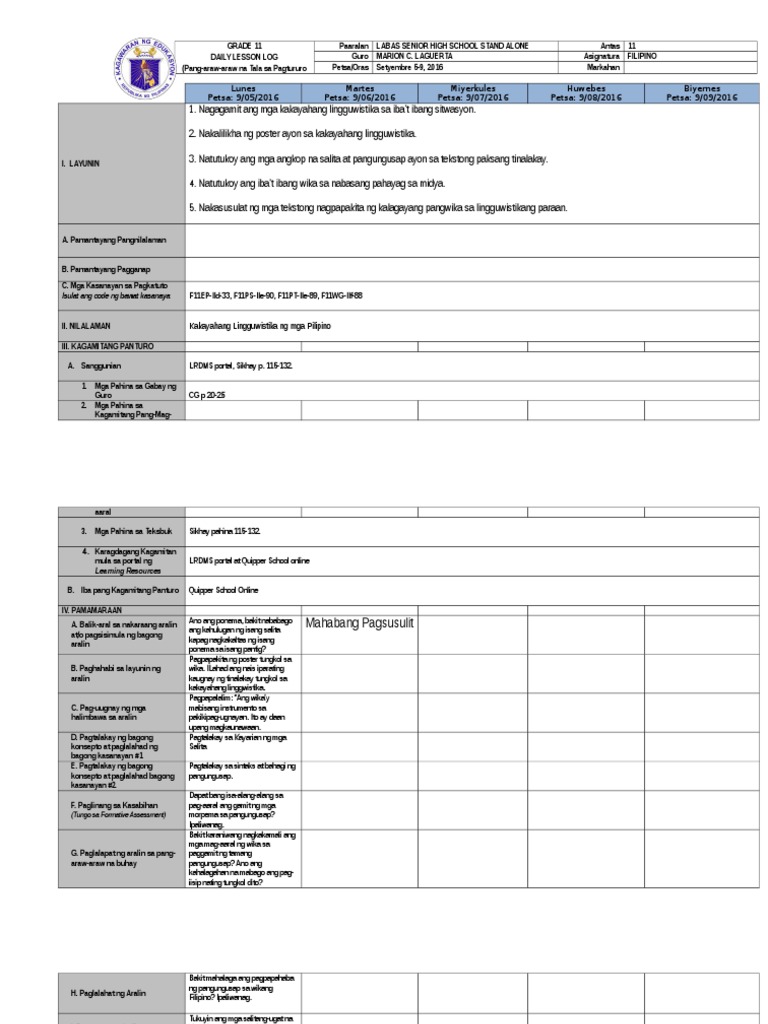 1st Week FILIPINO DLL Format Sept. 5-9 New | PDF