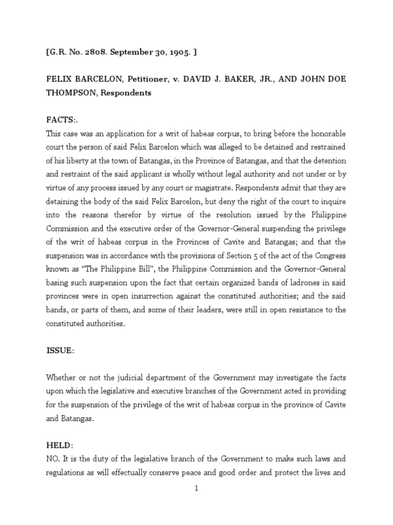 Barcelon Vs Baker (Writ of Habeas Corpus) Case Digest | Download Free PDF | Habeas Corpus ...