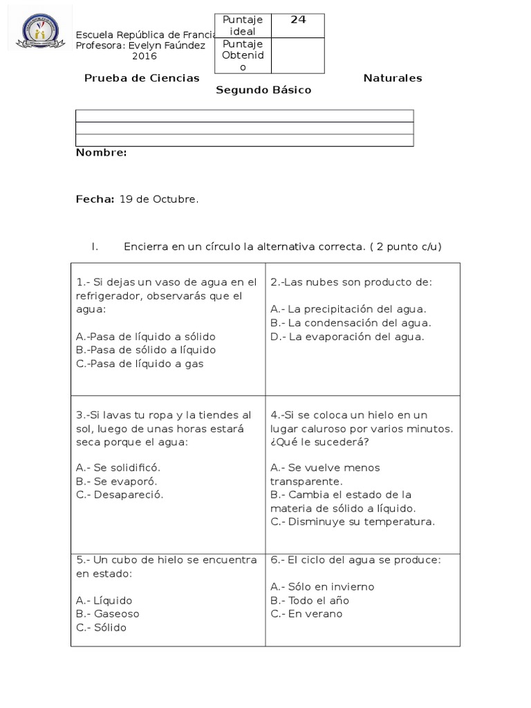 Prueba de Ciencias Naturales Ciclo Del Agua | PDF