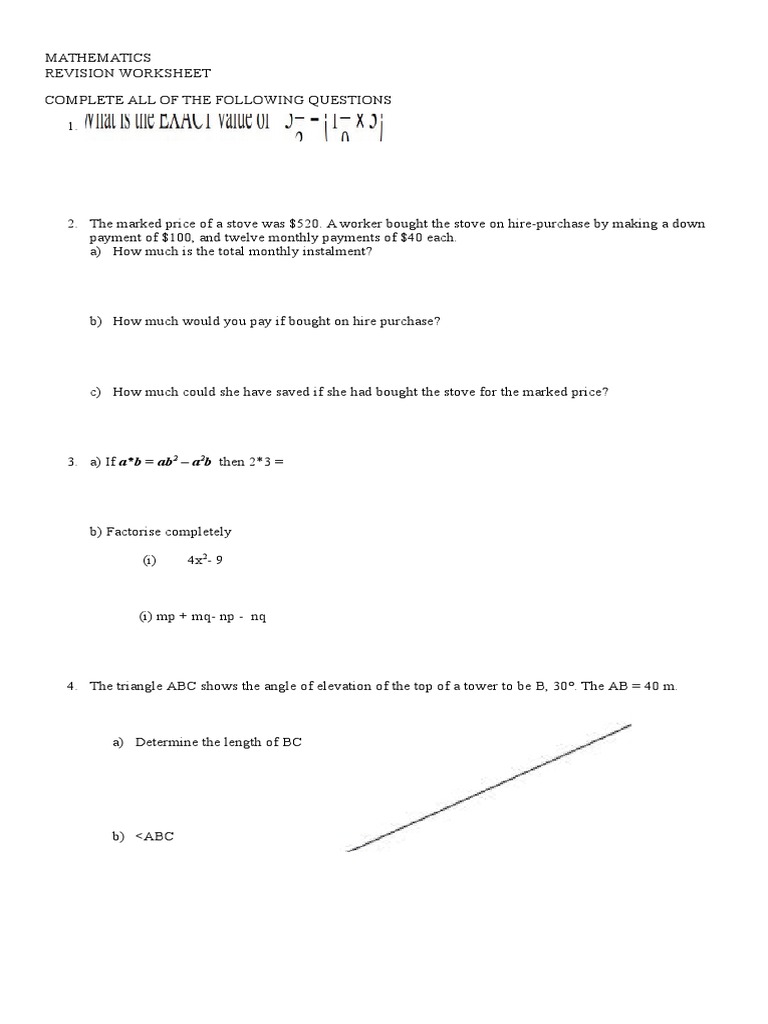Mathematics Revision Worksheet | PDF | Triangle | Area