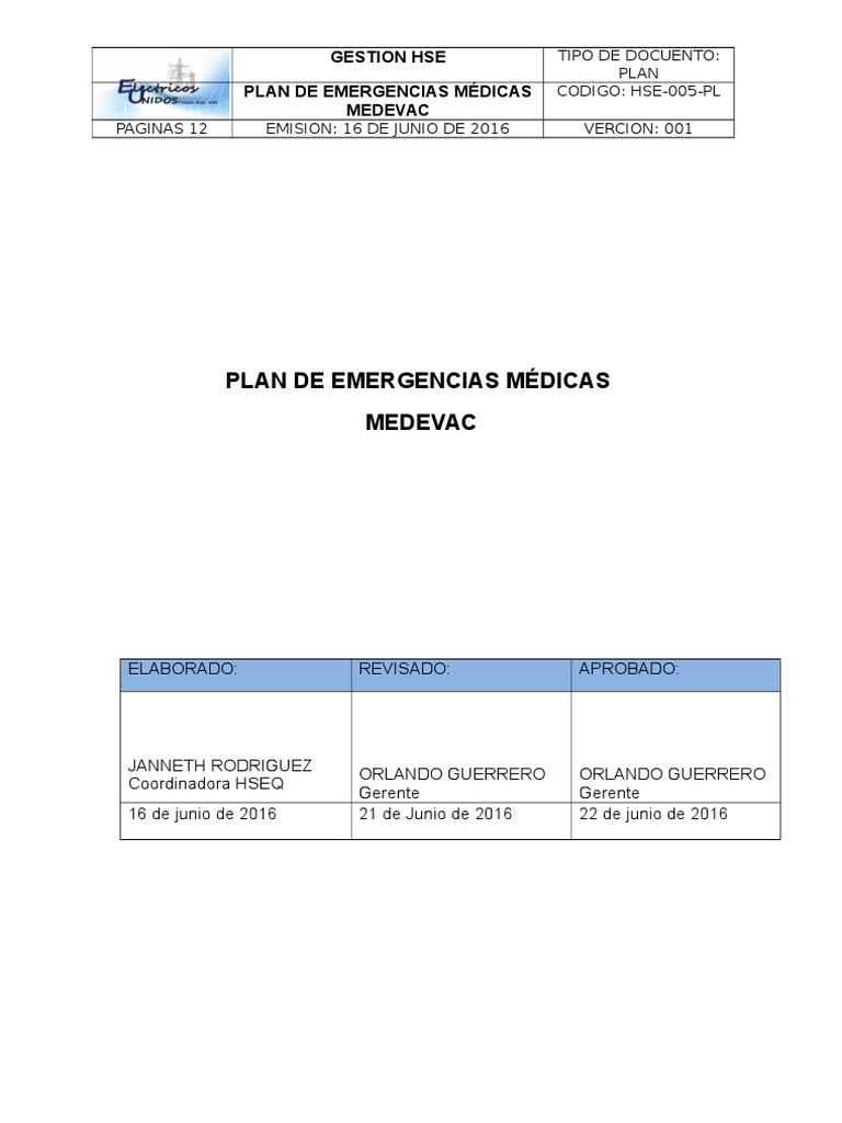 Hse-003-Fo Plan de Emergencia Medica Medevac v001 | PDF | Lesión | Medicina