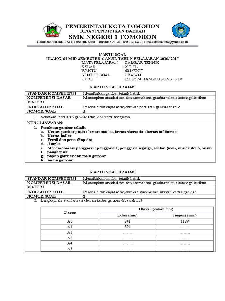 Kartu Soal Gambar Teknik Kelas X UTS SMK N 1 Tomohon | PDF