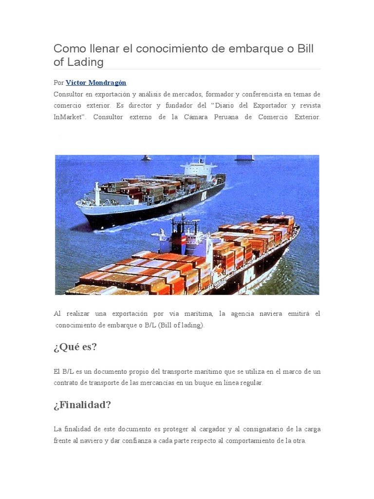 Como Llenar El Conocimiento de Embarque o Bill of Lading | PDF | Guía de carga | Servicio de envío