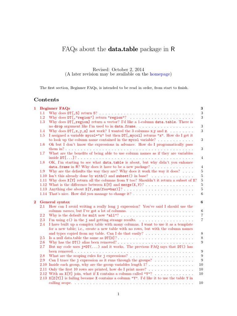 Faqs About The Data - Table Package in R: Revised: October 2, 2014 (A ...