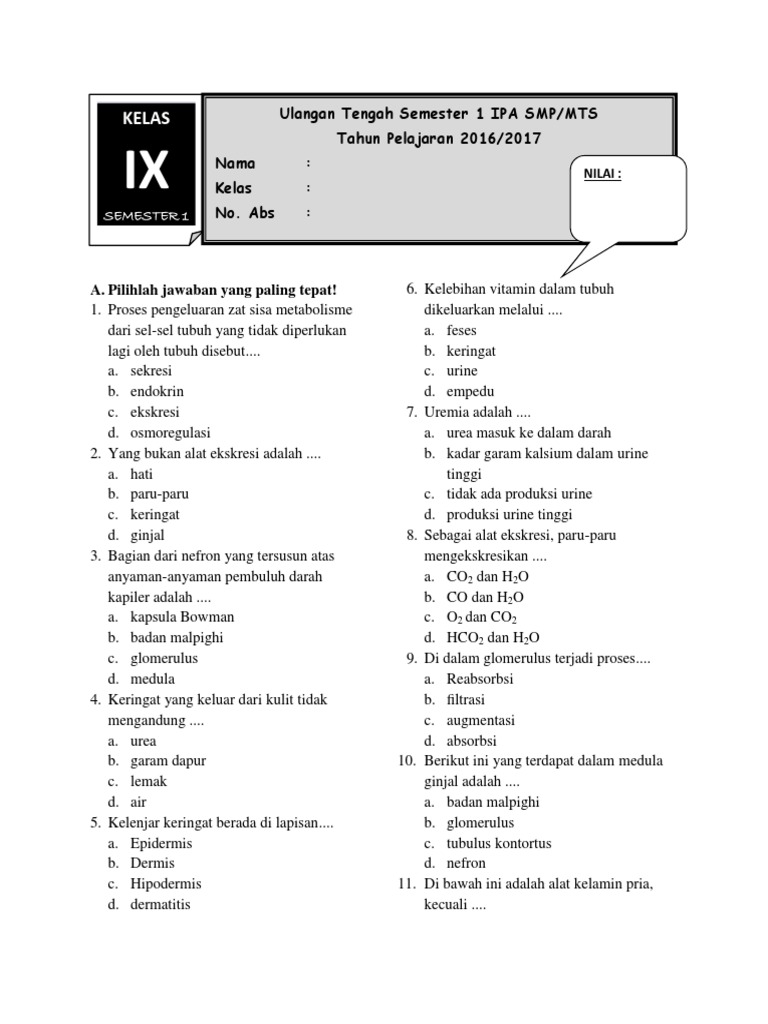 Soal Uts Ipa Kelas 9 Semester 1 Pdf Sains Matematika